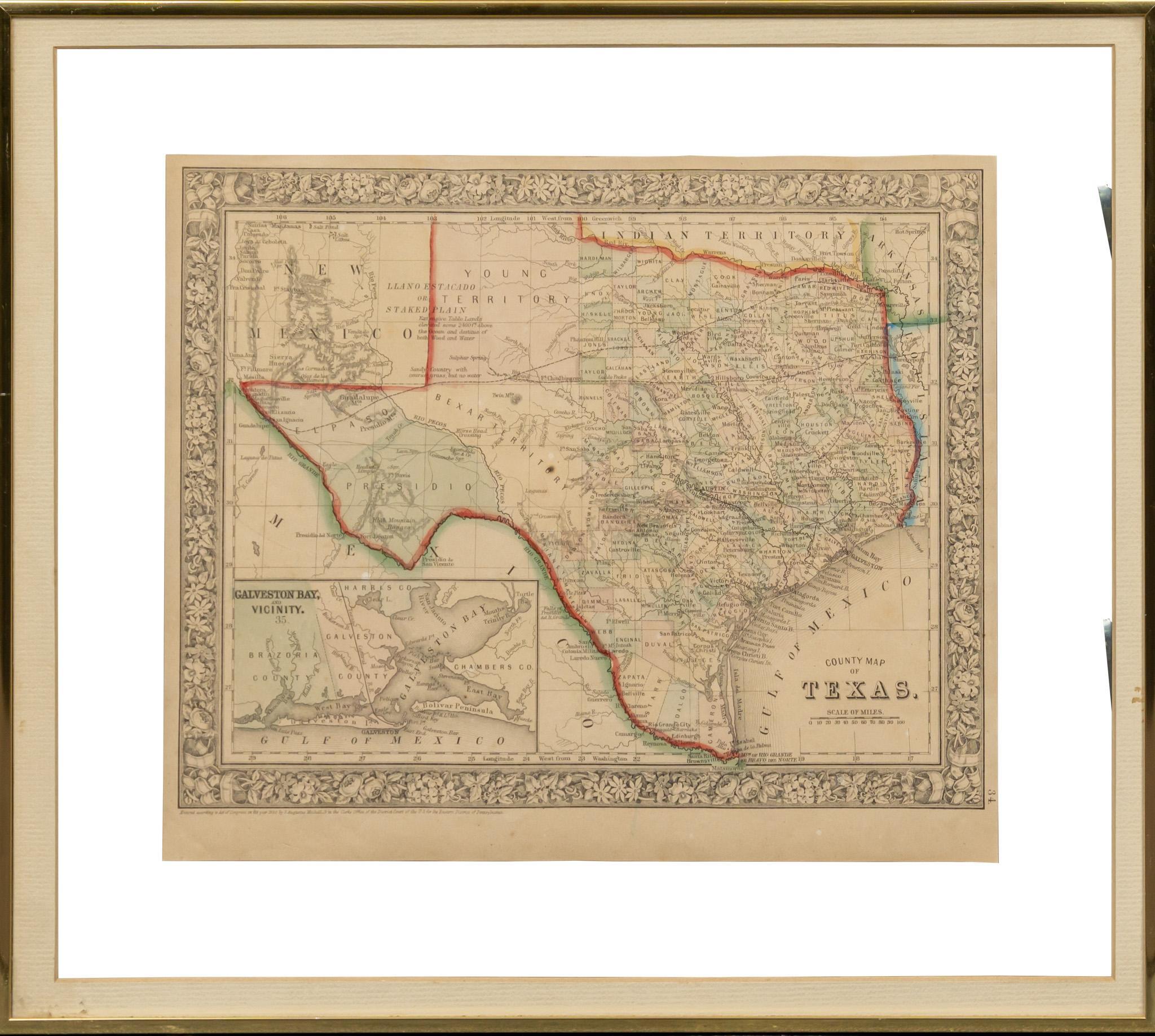 1860 Framed County Map of Texas | Vogt Auction